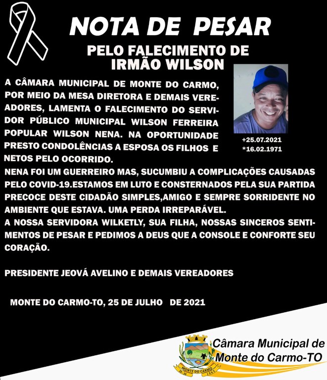 Nota de Pesar e Luto Oficial — Câmara Municipal de Monte do Carmo/TO